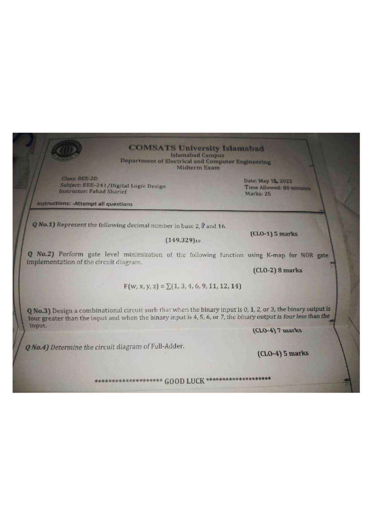 COMSATS ECE SP22 Midterm Exam: Logic Design Paper Pattern - Studocu