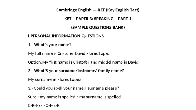 KET (Key English Test) Paper 3: Speaking Part 1 Sample Q&A - Studocu