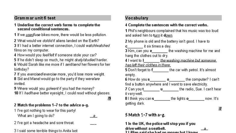 Preparation pack for Final - Grammar unit 6 test 1 Underline the ...