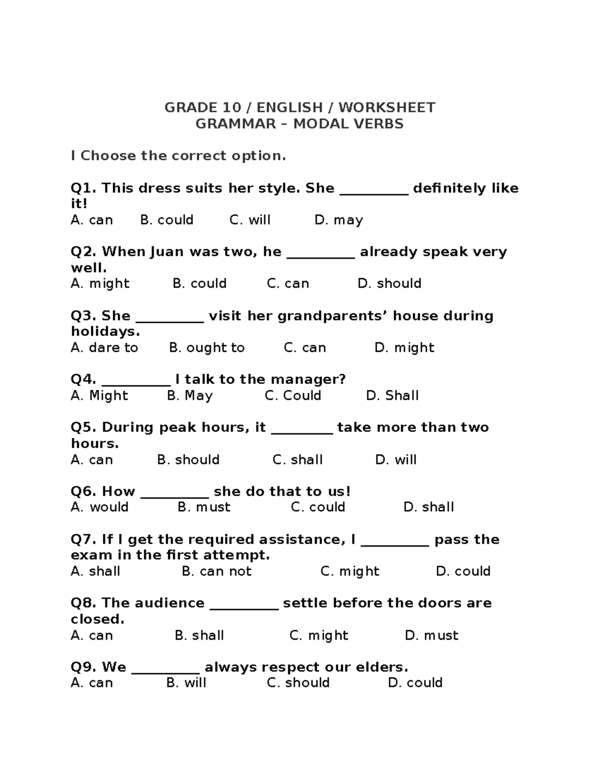 GRADE 10 ENGLISH WORKSHEET: GRAMMAR MODAL VERBS PRACTICE - Studocu