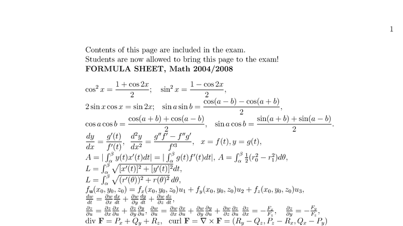 Formula Sheet for Math 2004 - Final Exam (Fall 2025) - Studocu