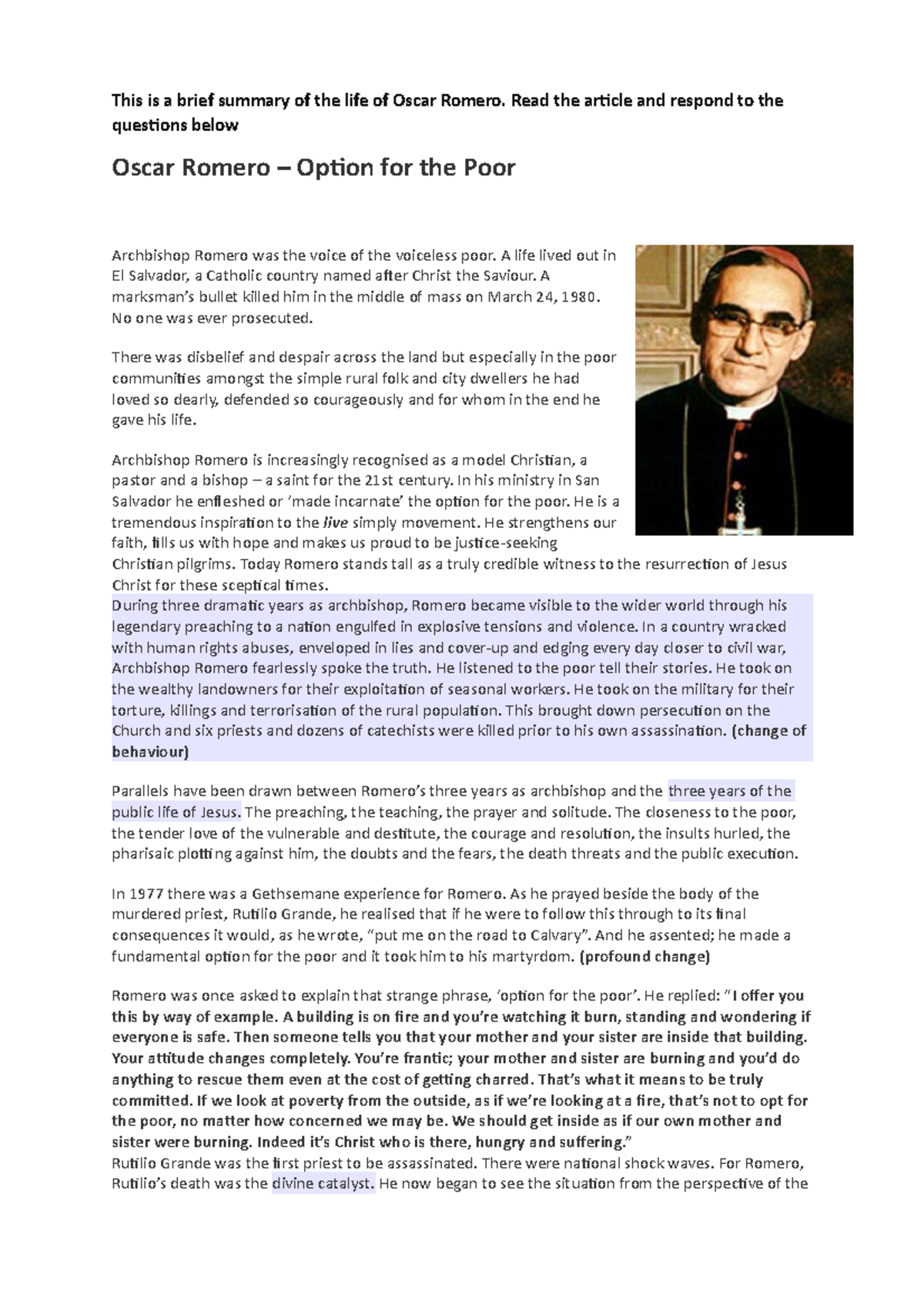 Oscar Romero Study about his Life 2021 - This is a brief summary of the ...