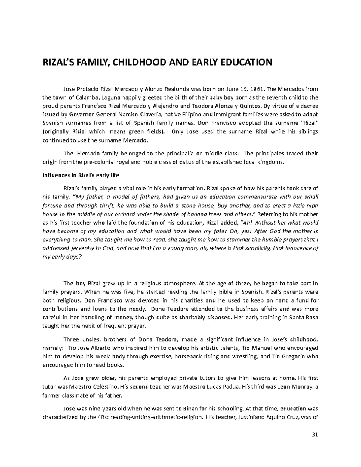 FAMILY, CHILDHOOD, AND EDUCATION OF JOSE RIZAL (HIST 101) - Studocu