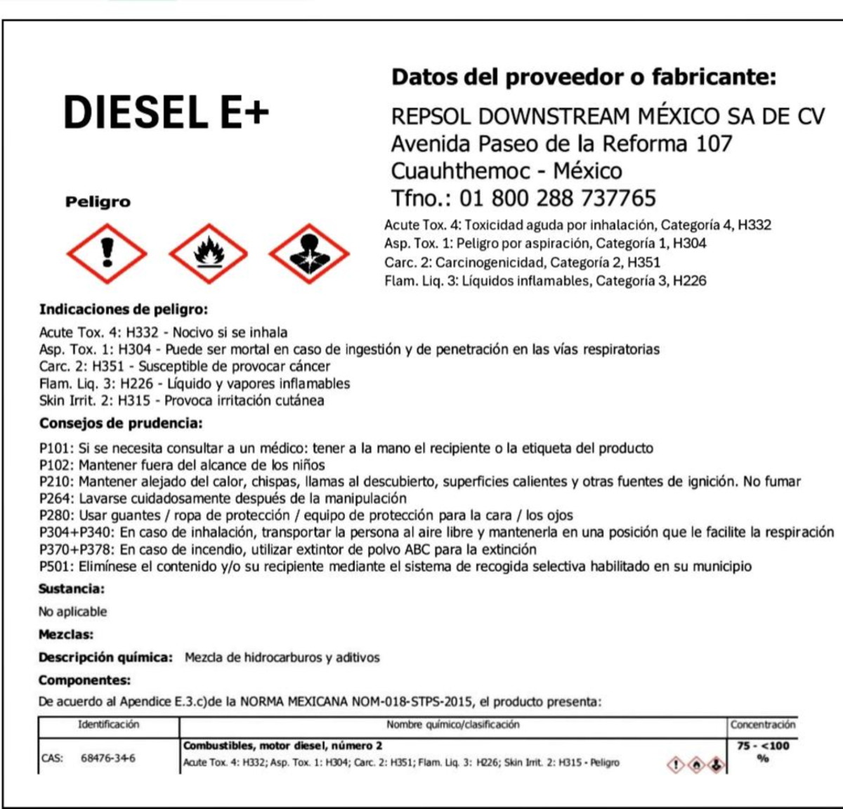 Etiqueta SGA Diesel - Peligros y Precauciones de REPSOL - Studocu