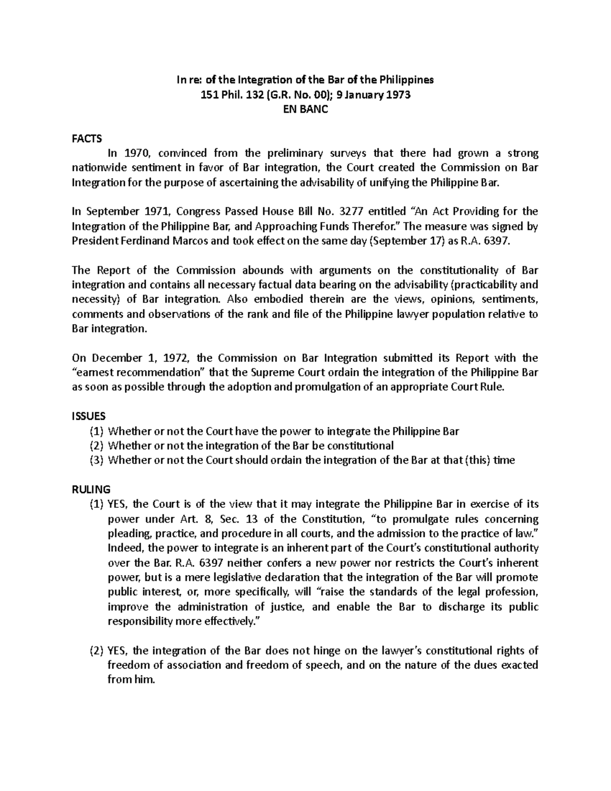 In re- of the Integration of the Bar of the Philippines (case digest ...