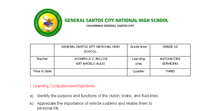 Lesson Plan: Clutch, Brake & Fluid Lines - Automotive Servicing G10 ...