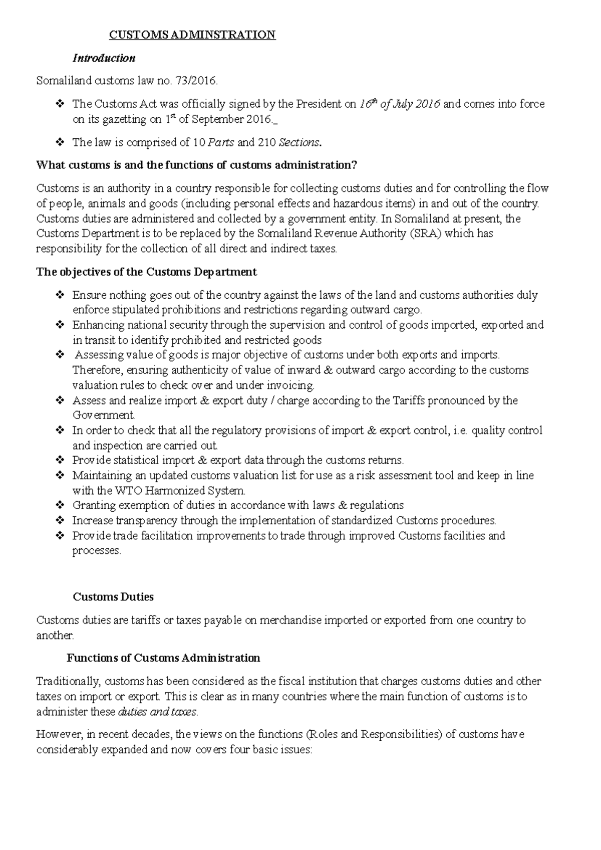 Customs Administration Overview and Functions in Somaliland - Studocu