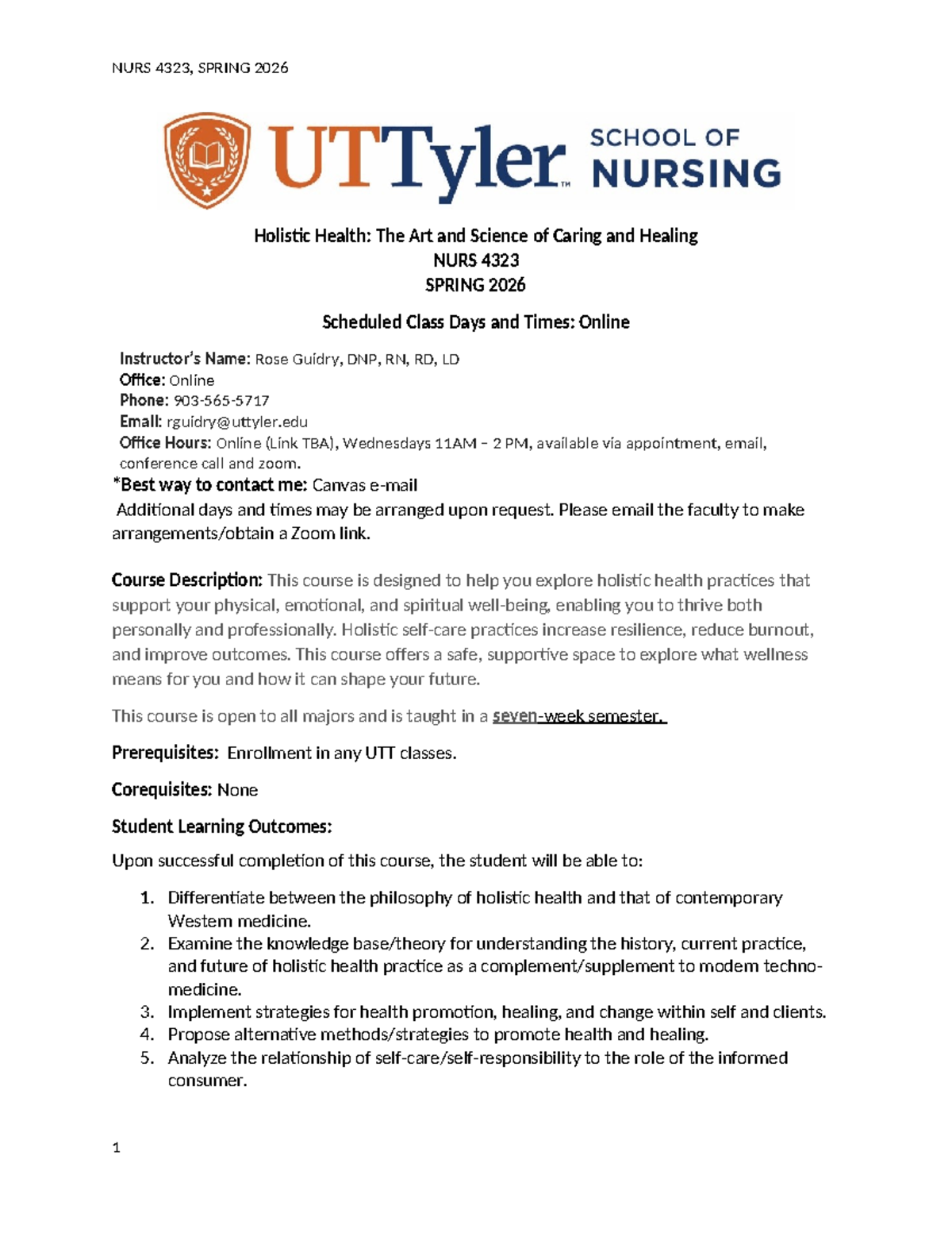 NURS 4323 SPRING 2026 Syllabus: Holistic Health Course Overview - Studocu