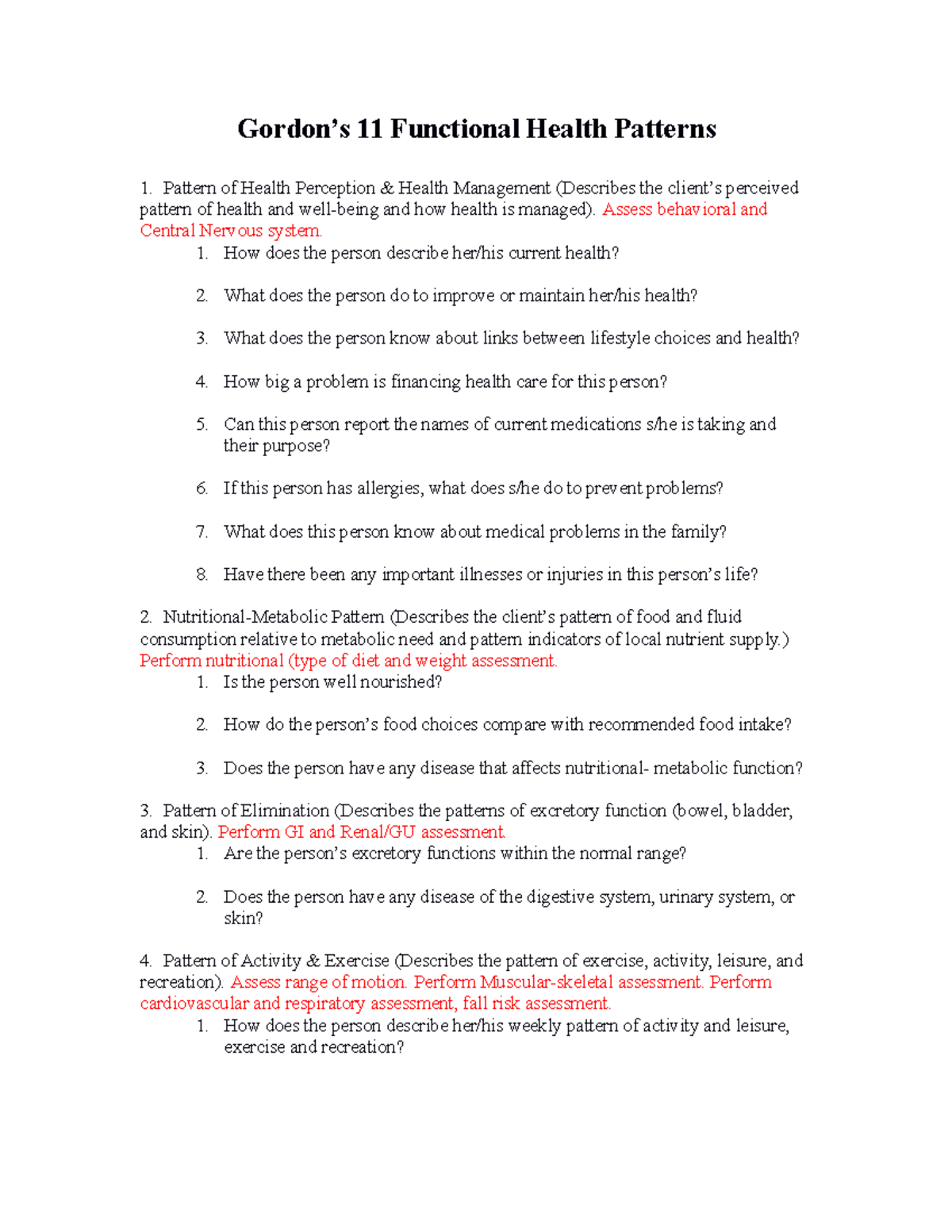 Gordon's 11 Functional Health Patterns 1 - Gordon’s 11 Functional ...