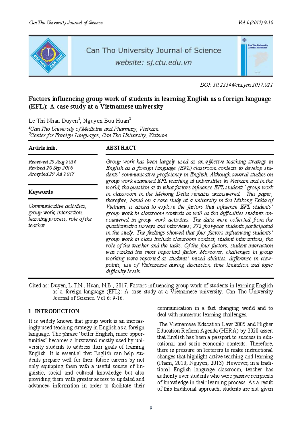 Factors Influencing EFL Group Work: A Case Study at Can Tho University ...