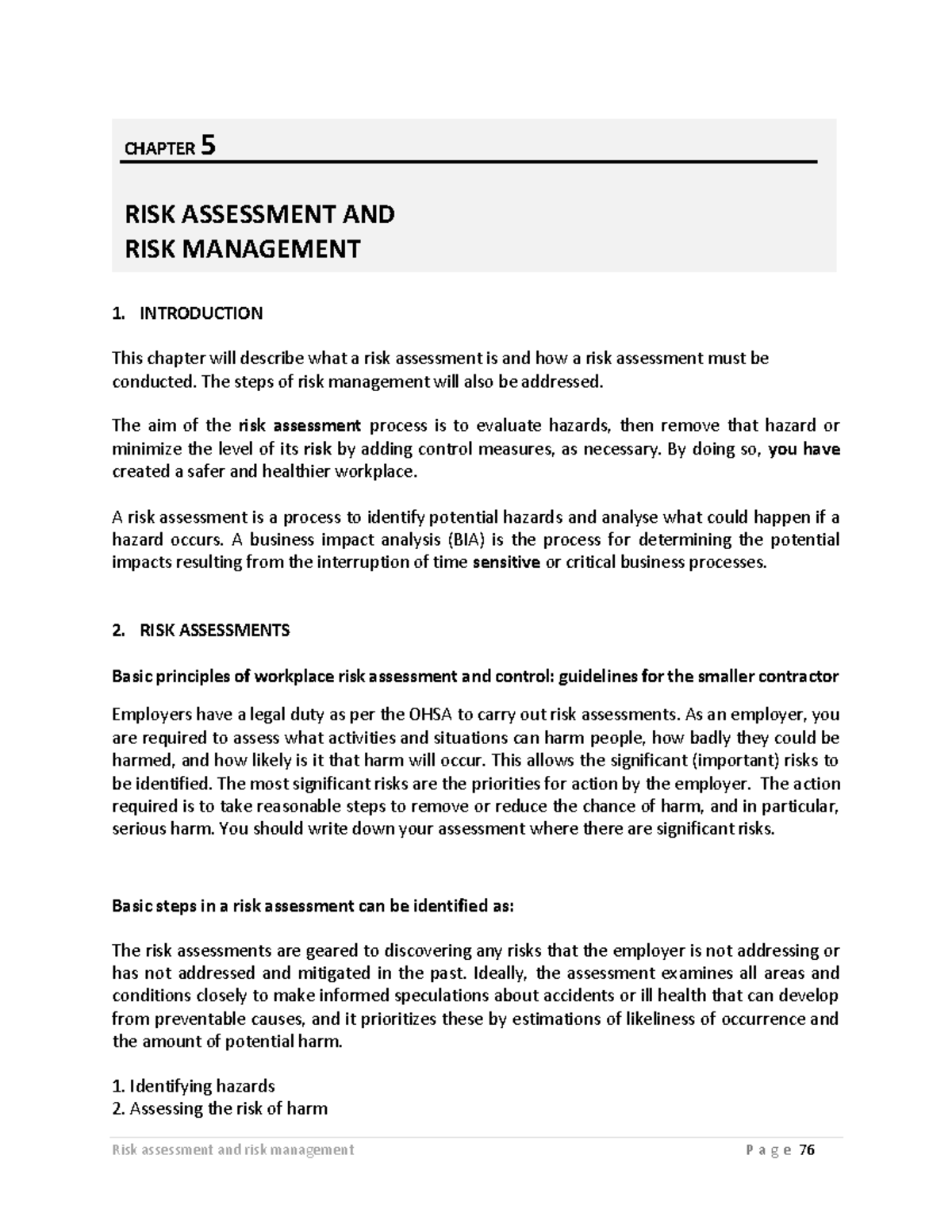 Chapter 5: Risk Assessment & Management Strategies in the Workplace ...