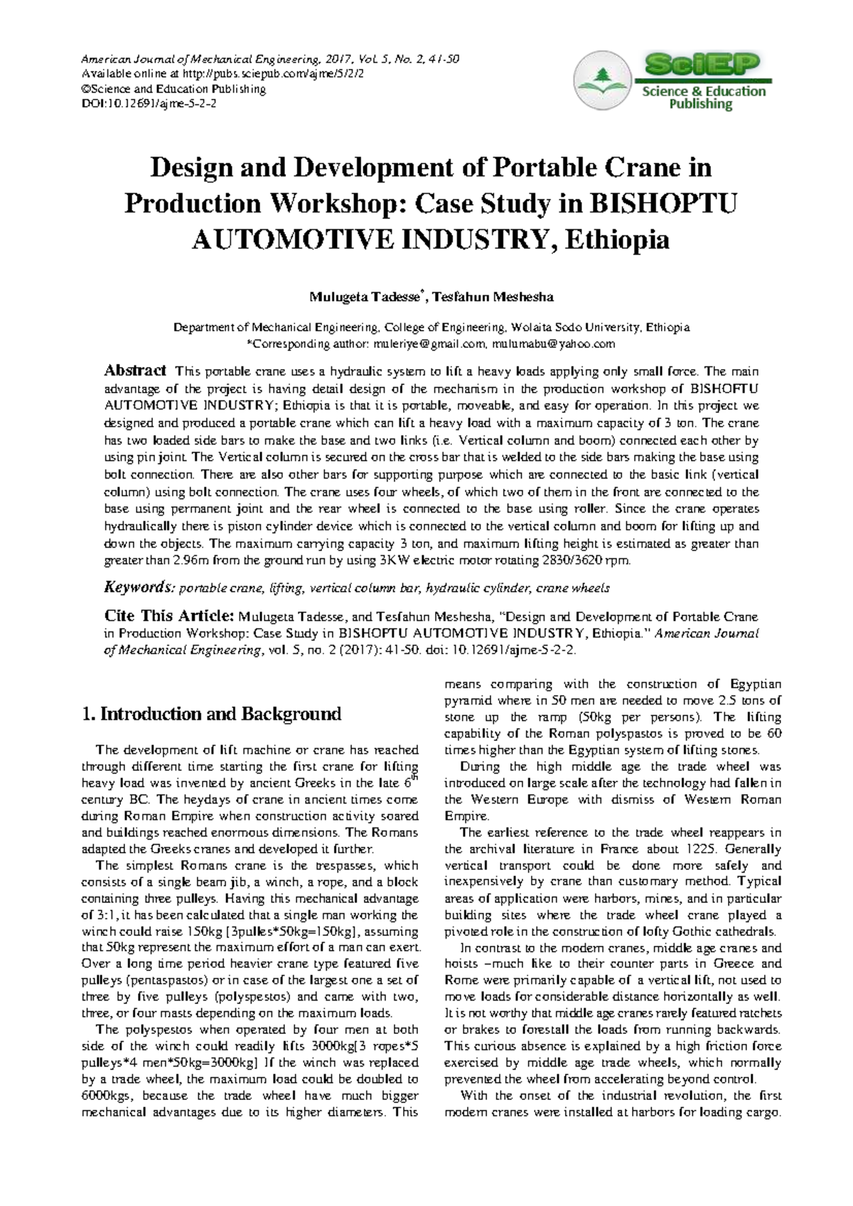 Design and Development of Portable Crane: Case Study in BISHOPTU ...