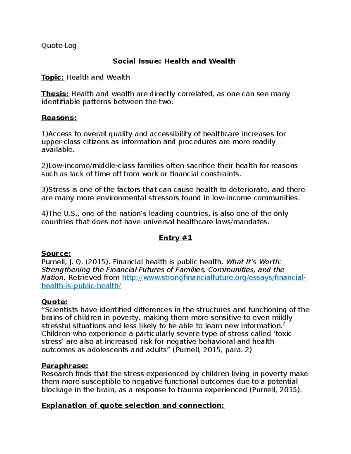 WRTG 111 Quote Log: The Interconnection of Health and Wealth - Studocu