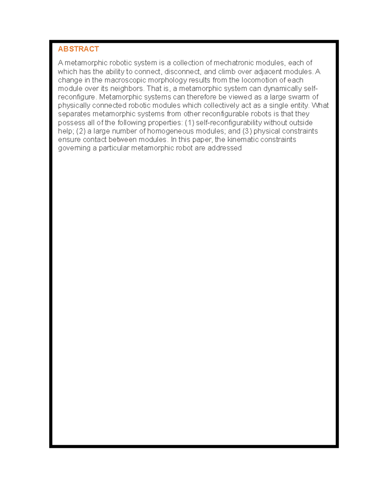 Its a seminar report - ABSTRACT A metamorphic robotic system is a ...