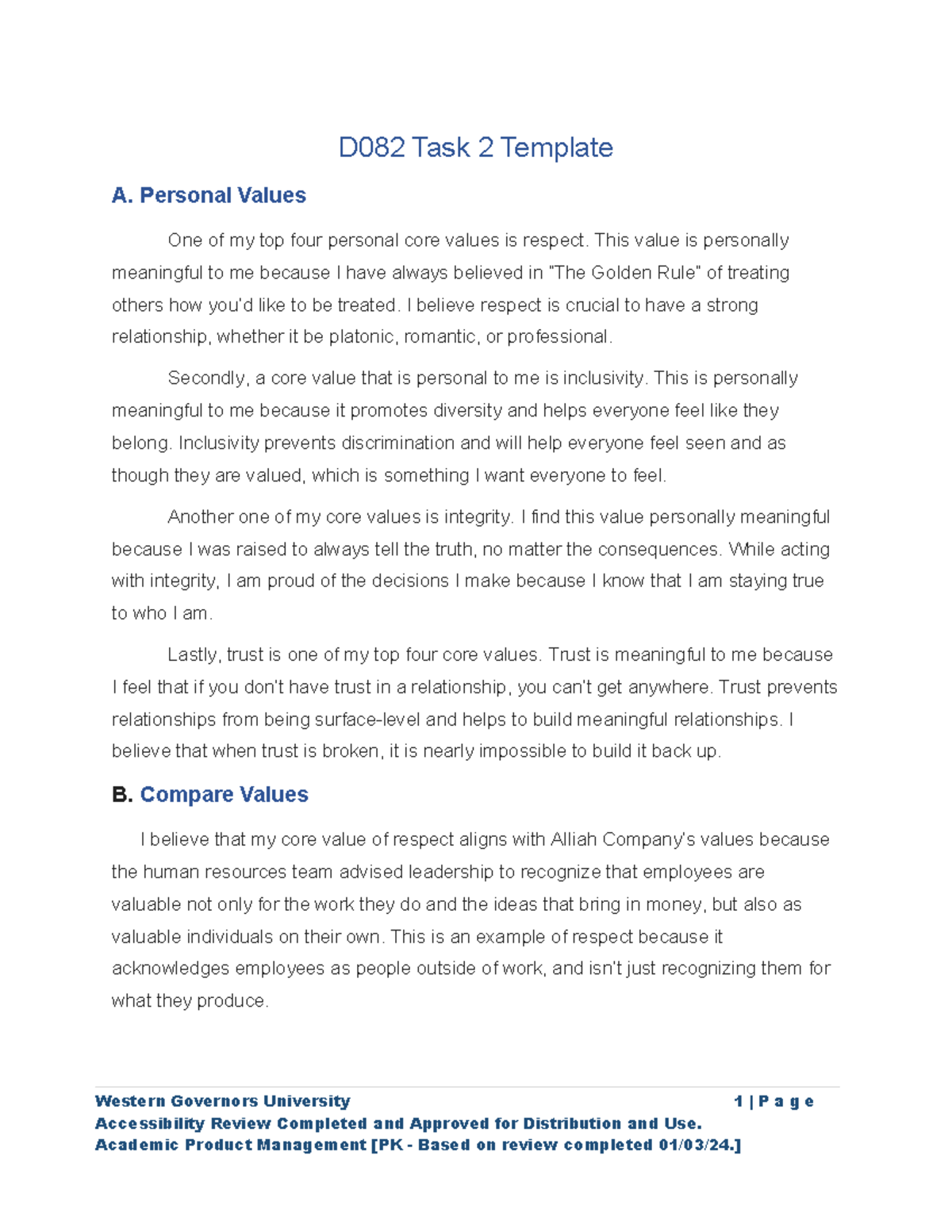 D082 Task 2: Personal Core Values and Their Alignment with Alliah - Studocu