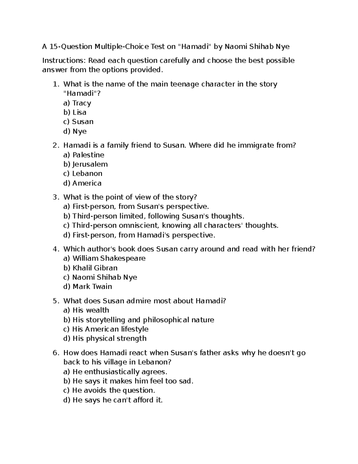A 15-Question MC Test on "Hamadi" by Naomi Shihab Nye - Studocu
