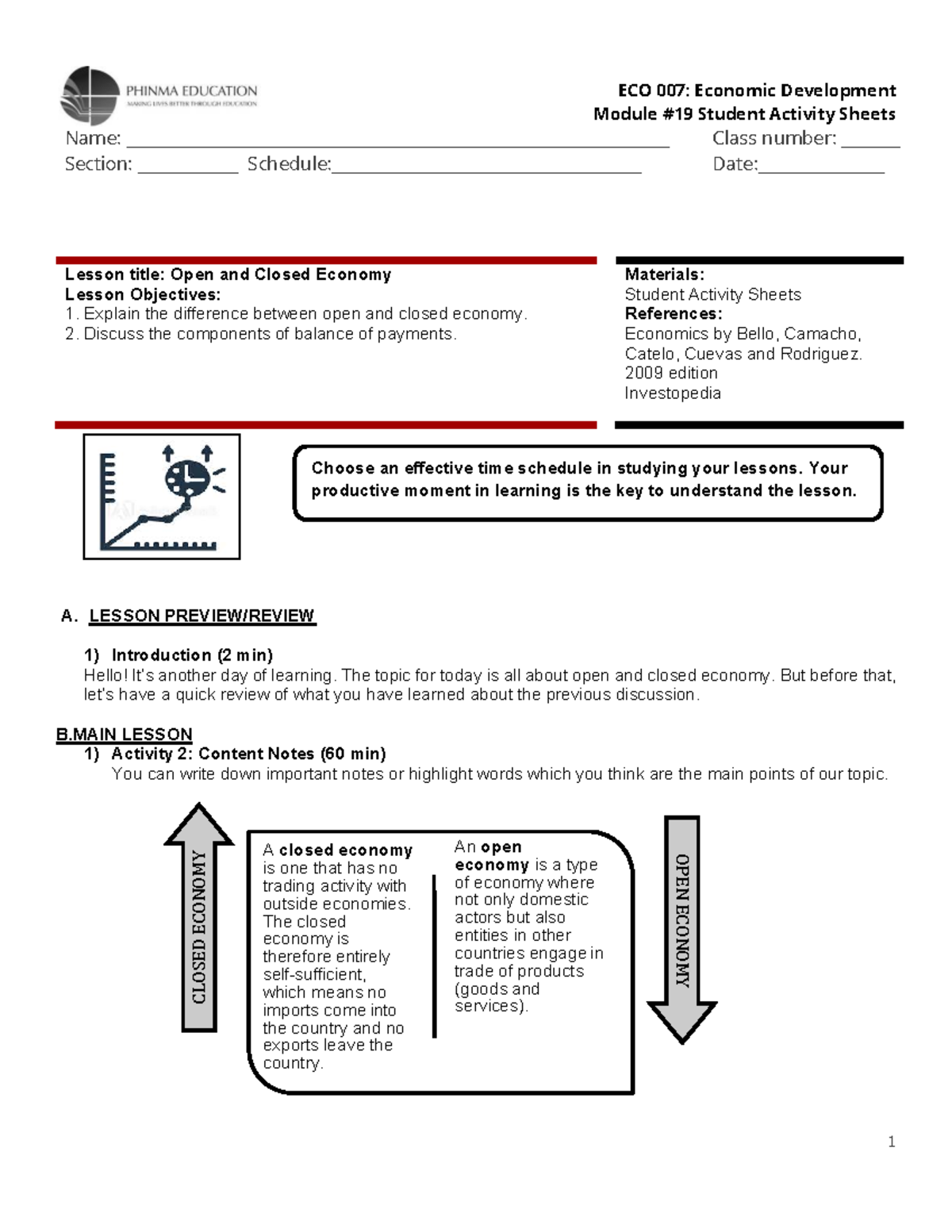 ECO 007: Open and Closed Economy Lesson Activity Sheets - Studocu