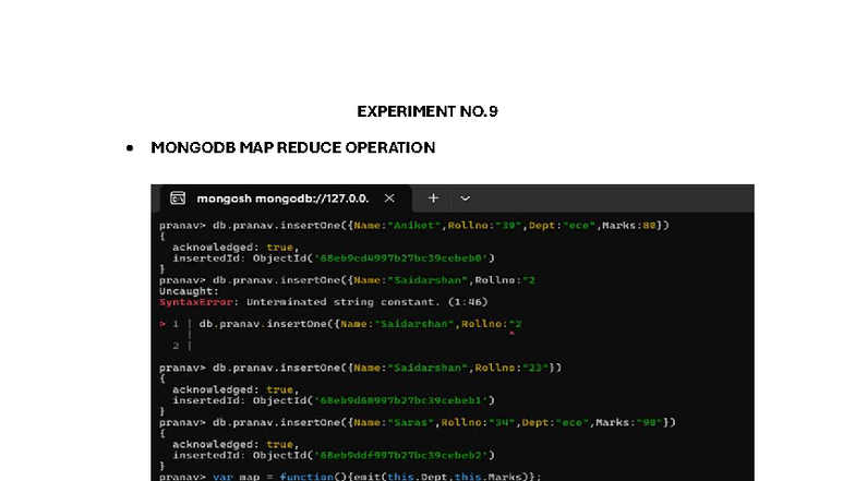 DBMS 9 - MongoDB Map Reduce Operation Overview - Studocu