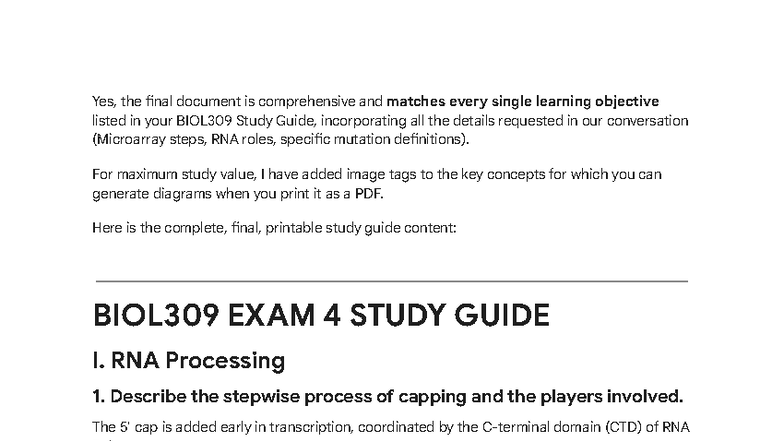 BIOL309 Final Exam Study Guide: RNA Processing, Translation & DNA ...