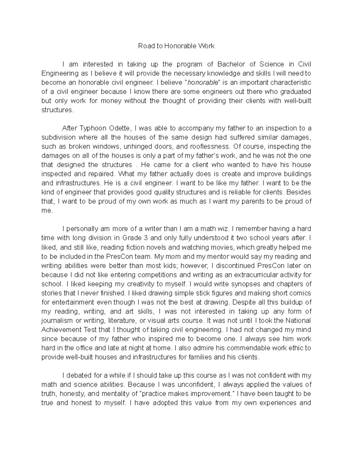 USC-Personal-Essay: My Journey to Becoming a Civil Engineer - Studocu