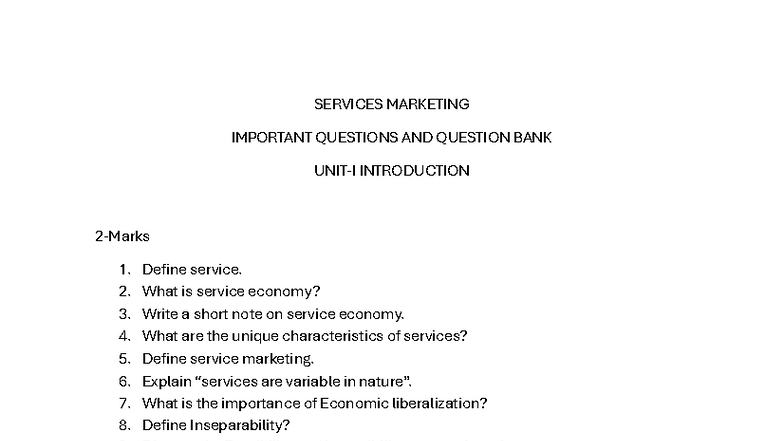 SERVICES MARKETING IMPORTANT QUESTIONS AND QUESTION BANK (SM 101) - Studocu
