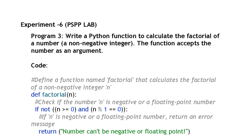 PSPP (Experiment 6) - Program 3: Python Factorial Function Guide - Studocu
