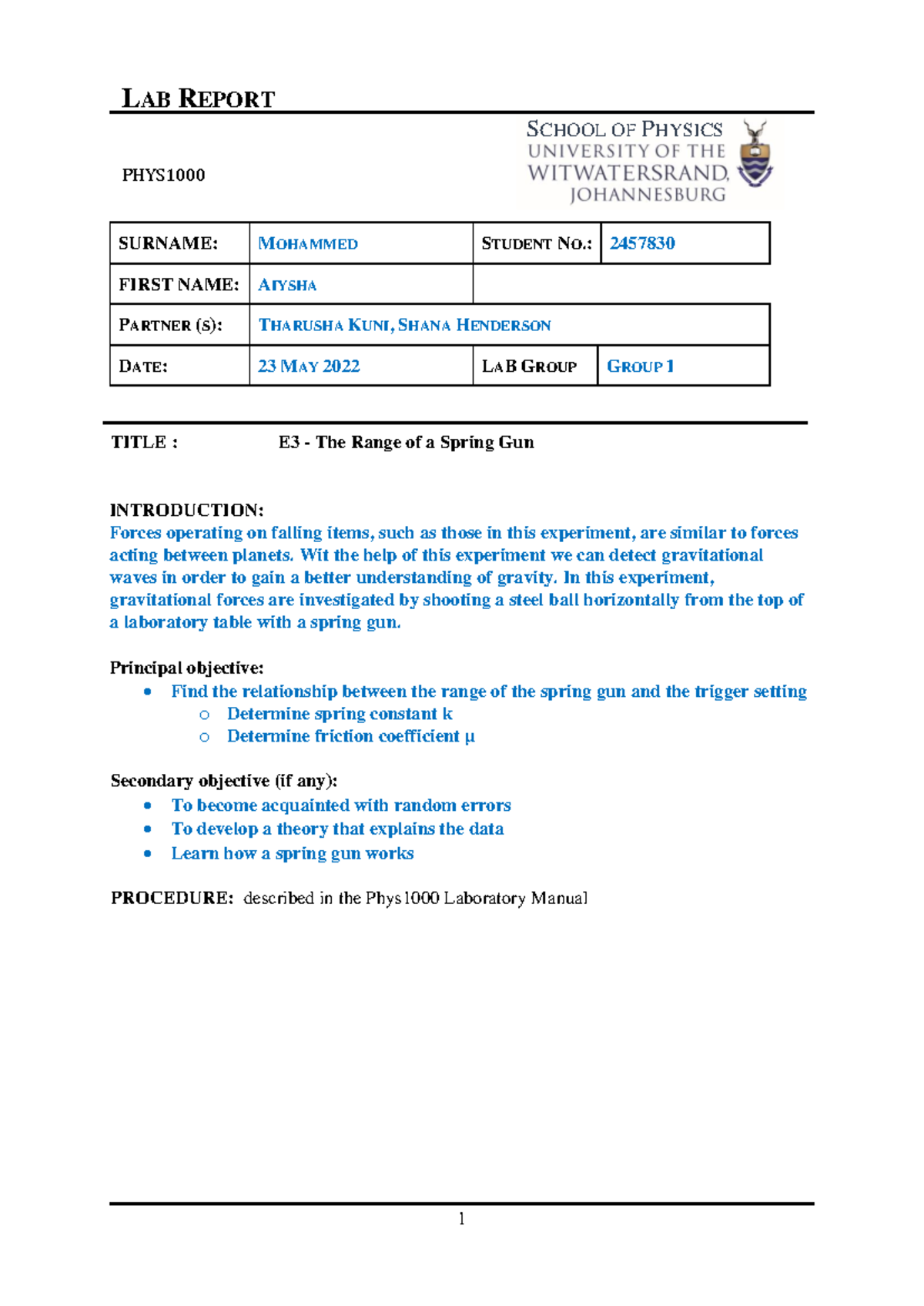 EXP03 - Spring Gun Lab Report on Range and Gravity Investigation - Studocu