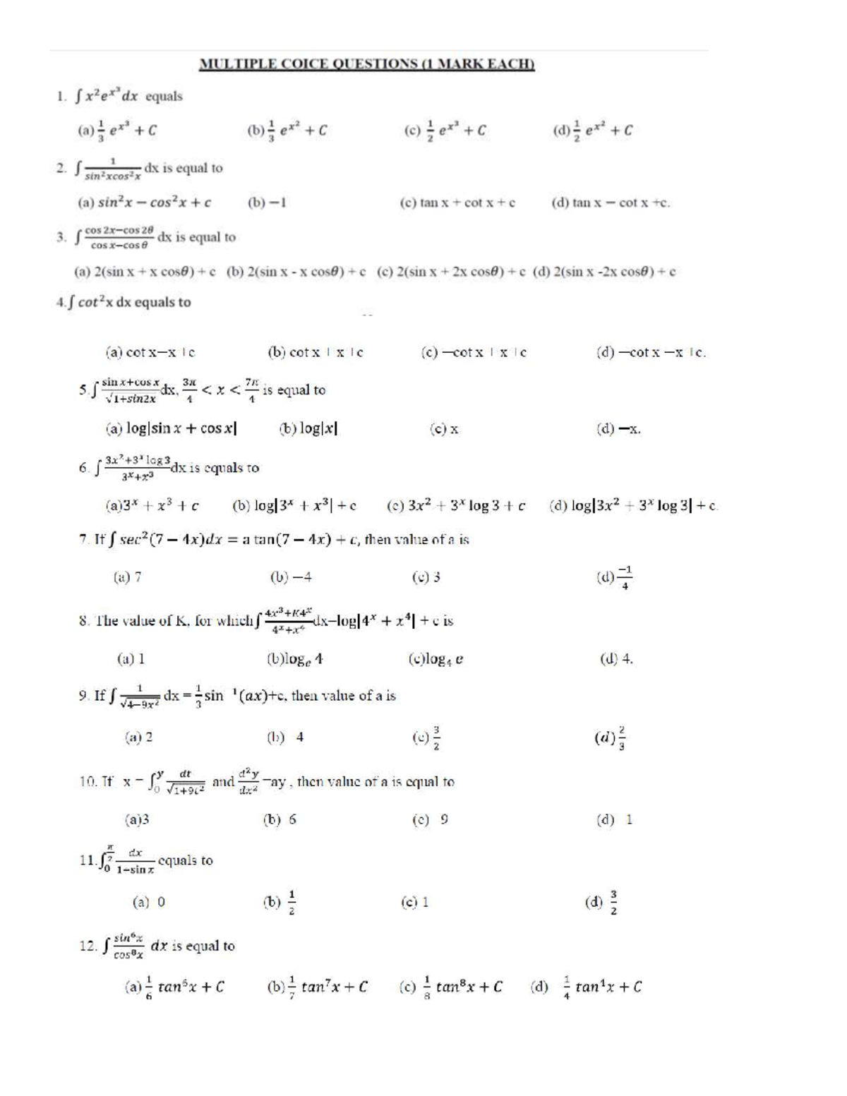 MCQ and AR Questions on Integration (Course Code: MATH101) - Studocu