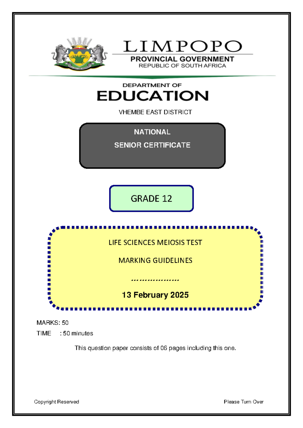 Grade 12 NSC Life Sciences Meiosis Test Memo 2025 - Practice Guide ...