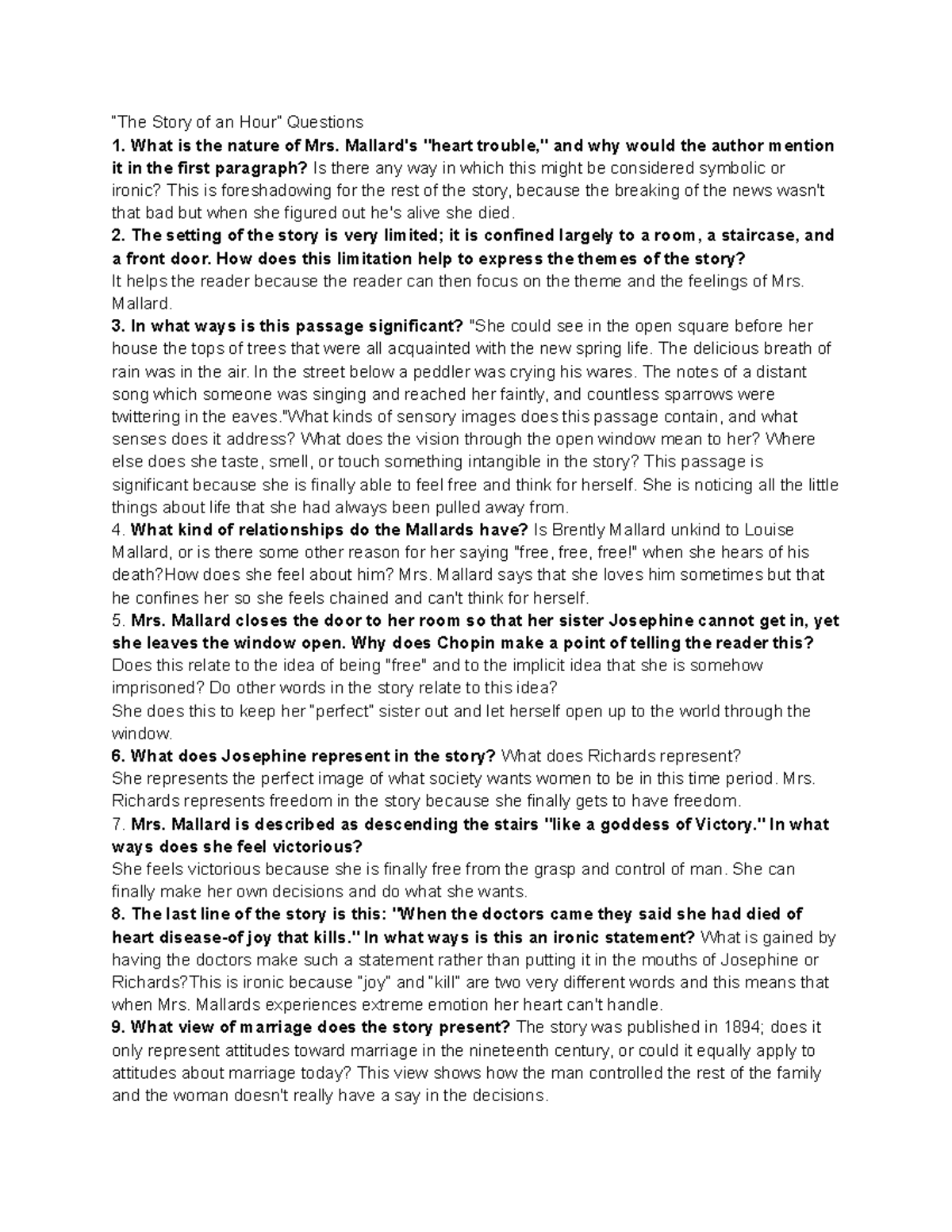 "The Story of an Hour" Analysis Questions (ENG 101) - Studocu