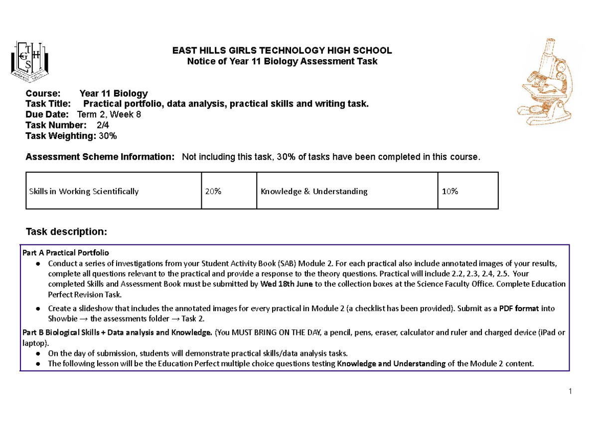 Year 11 Biology Assessment Task 2: Practical Portfolio & Data Analysis ...