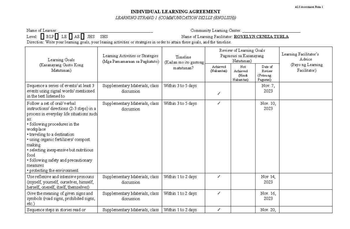 ILA-LS-1 - ALS Individual Learning Agreement and Assessment Guide - Studocu