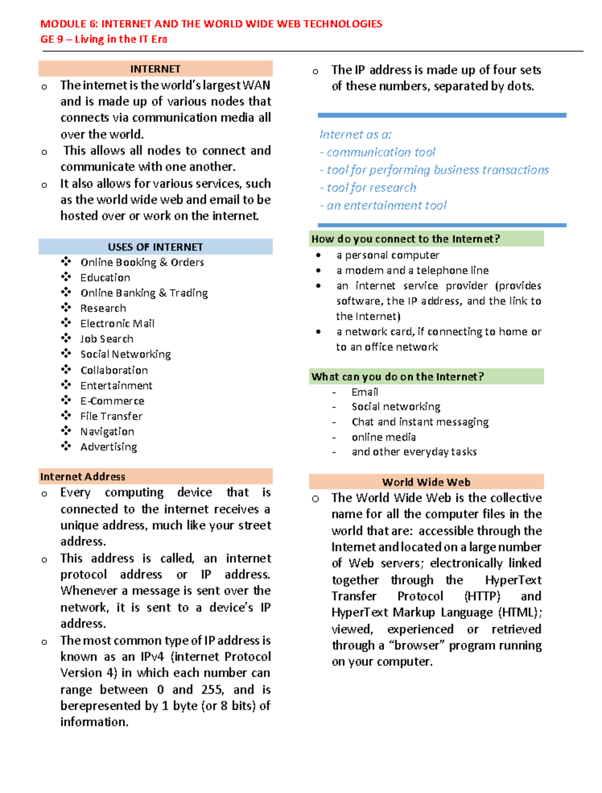 Internet - Enjoy - GE 9 – Living in the IT Era INTERNET o The internet ...