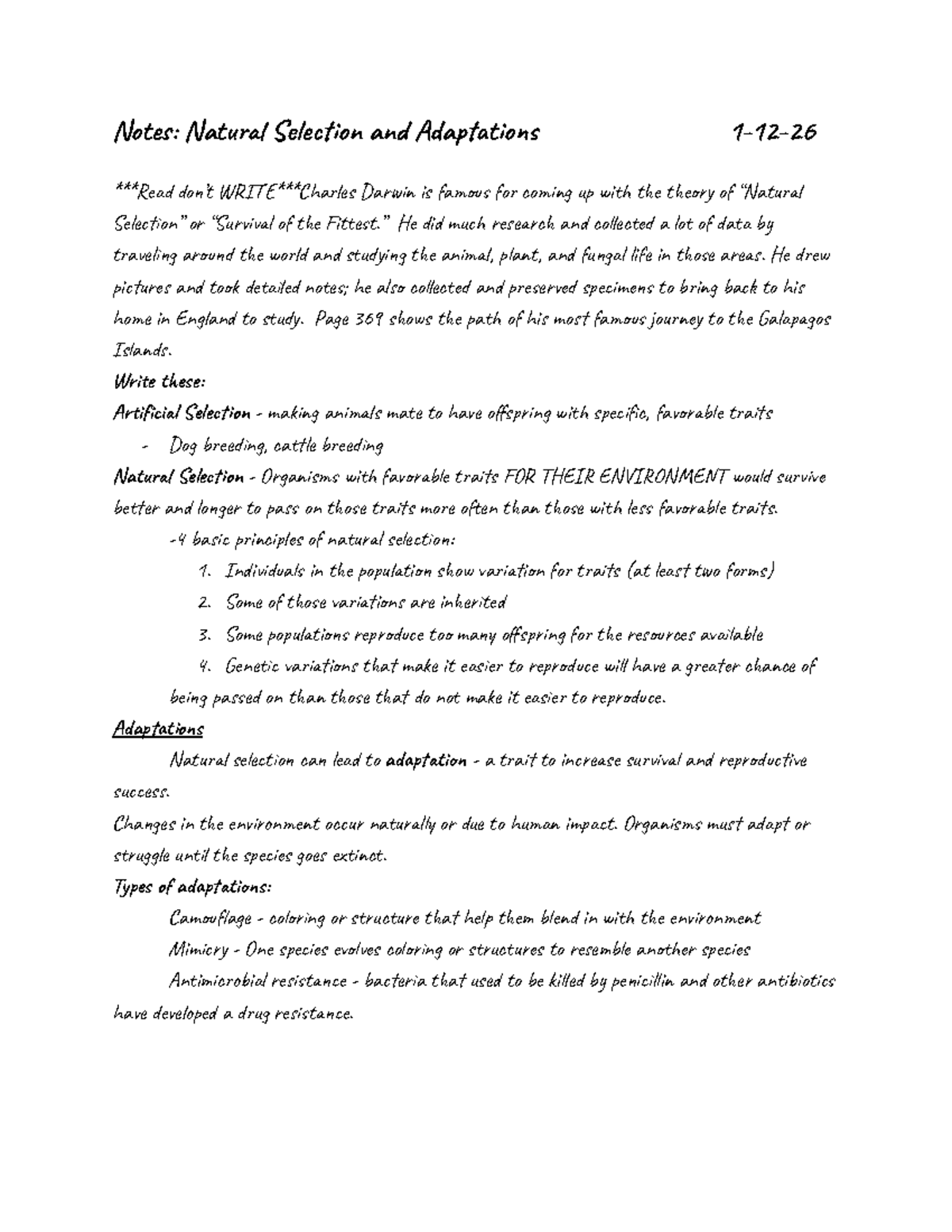 Lecture Notes: Natural Selection and Adaptations - Studocu