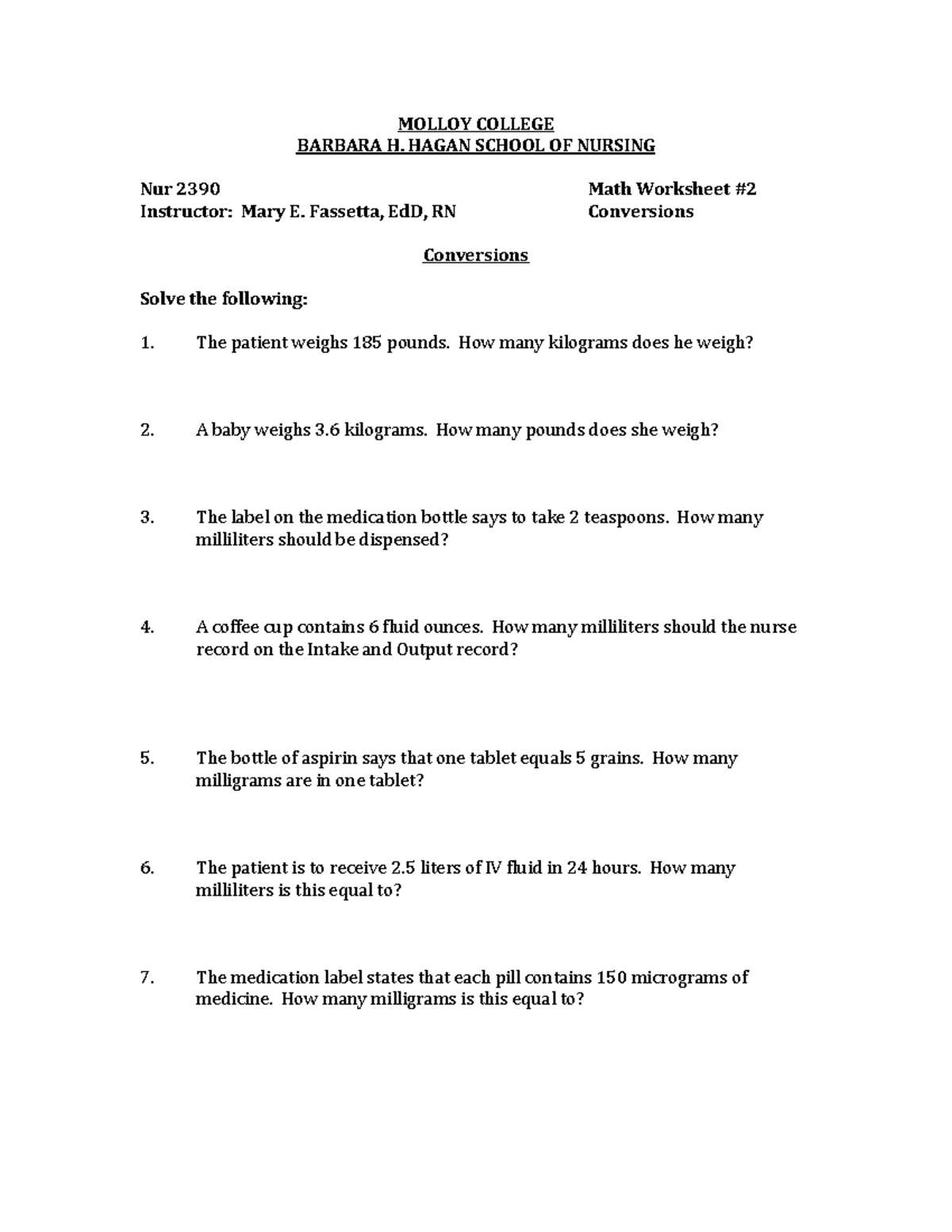 Nur 239 Math Worksheet #2: Conversion Problems Explained - Studocu