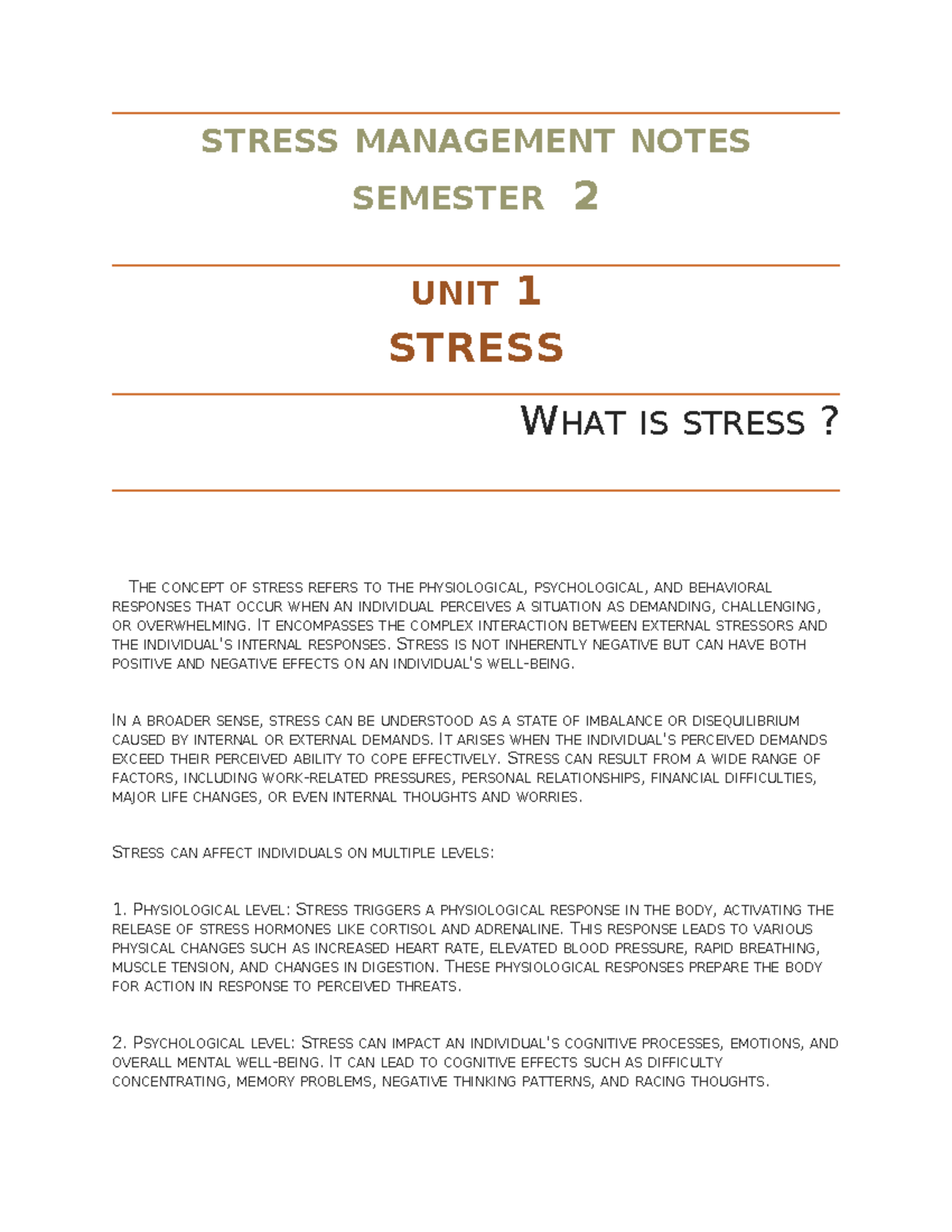 Stress Management Notes: Units 1, 2, & 3 Overview for S2 - Studocu