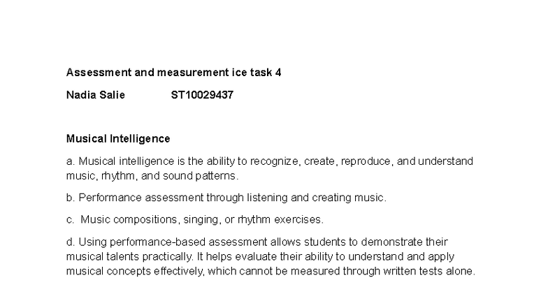 Assessment and measurement ice task 4 - Musical intelligence is the ...