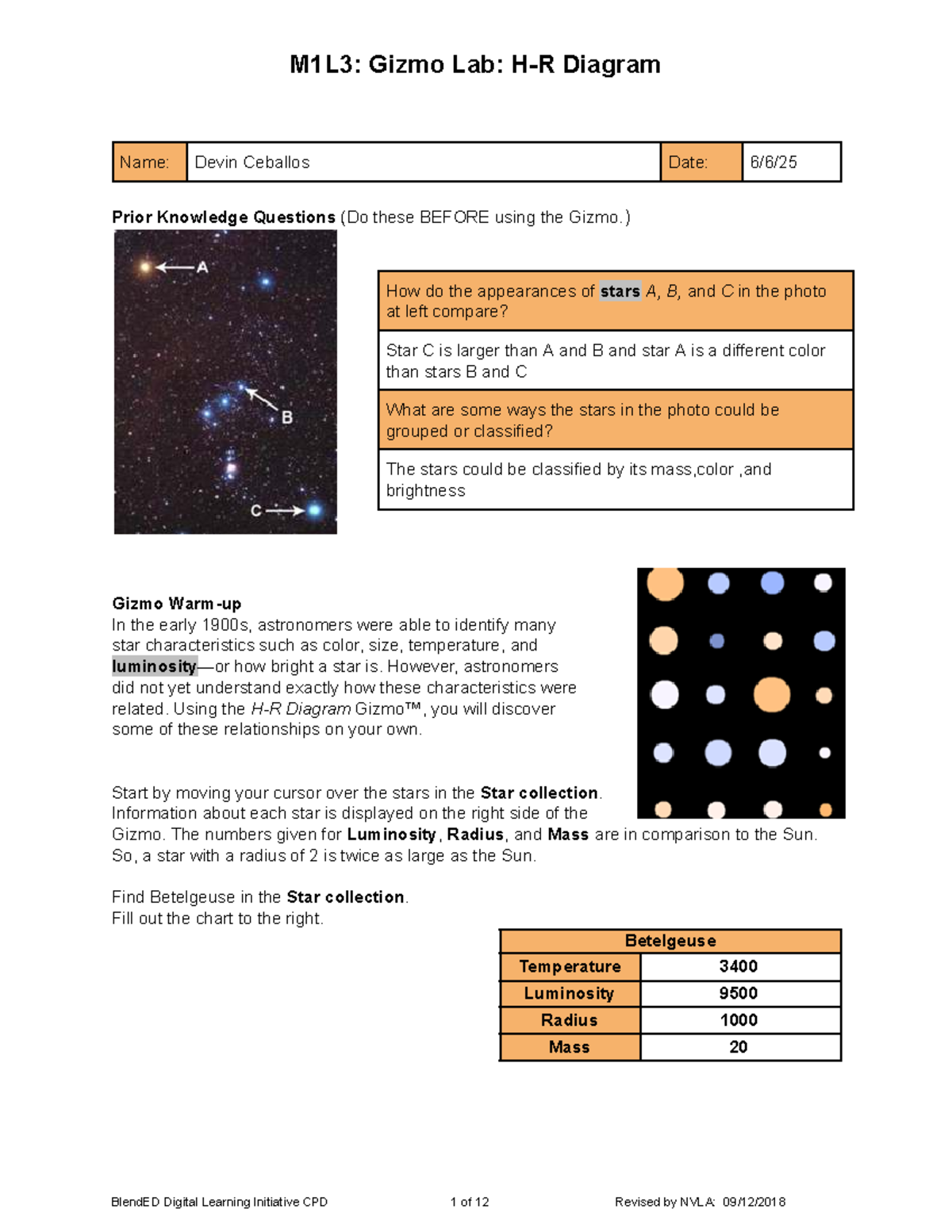 M1L3: Gizmo Lab - Exploring Star Characteristics and H-R Diagram - Studocu