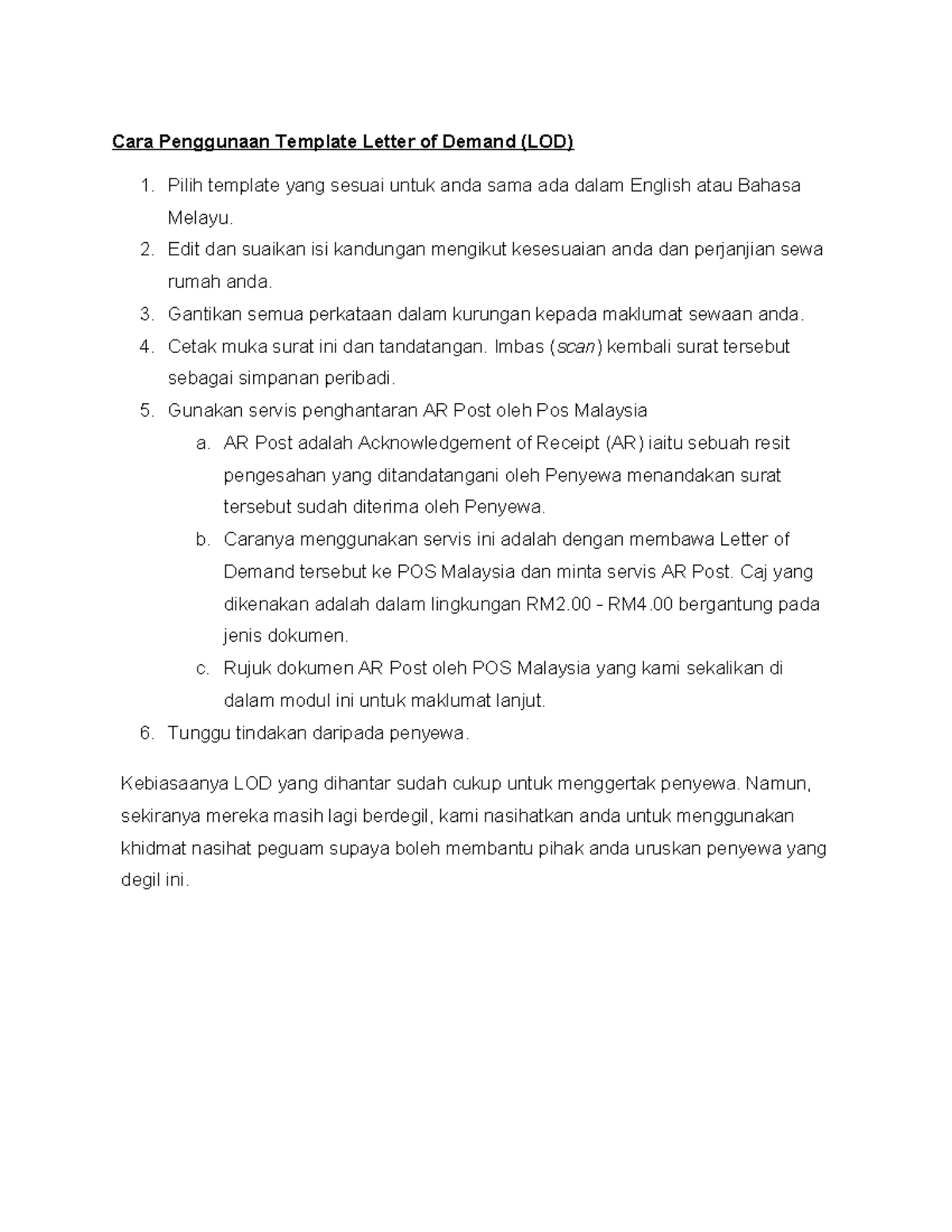 Template Letter of Demand (LOD) for Outstanding Rent - Studocu