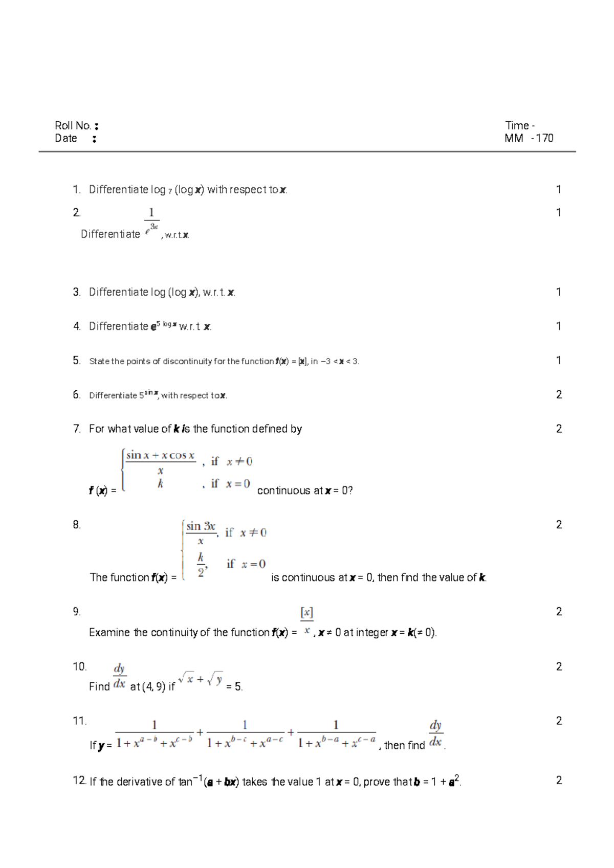 Grade 12 Practice: Differentiation and Continuity Problems - Studocu