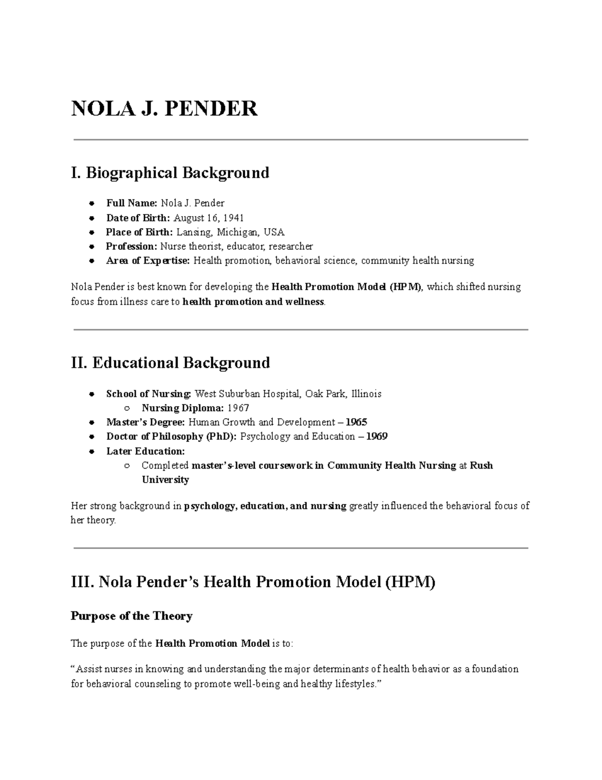 NOLA Pender HPM: Biographical Insights & Nursing Theory Overview - Studocu