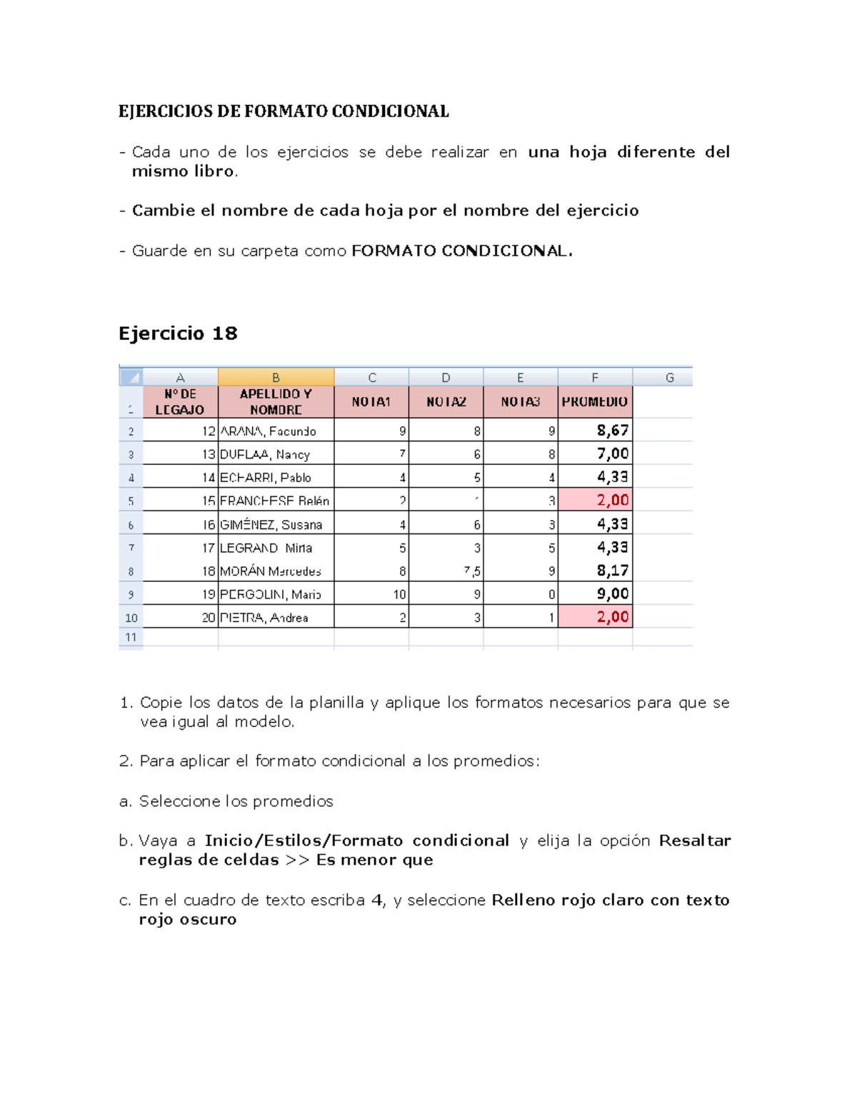 Ejercicios de Formato Condicional y Funciones Básicas en Excel - Studocu