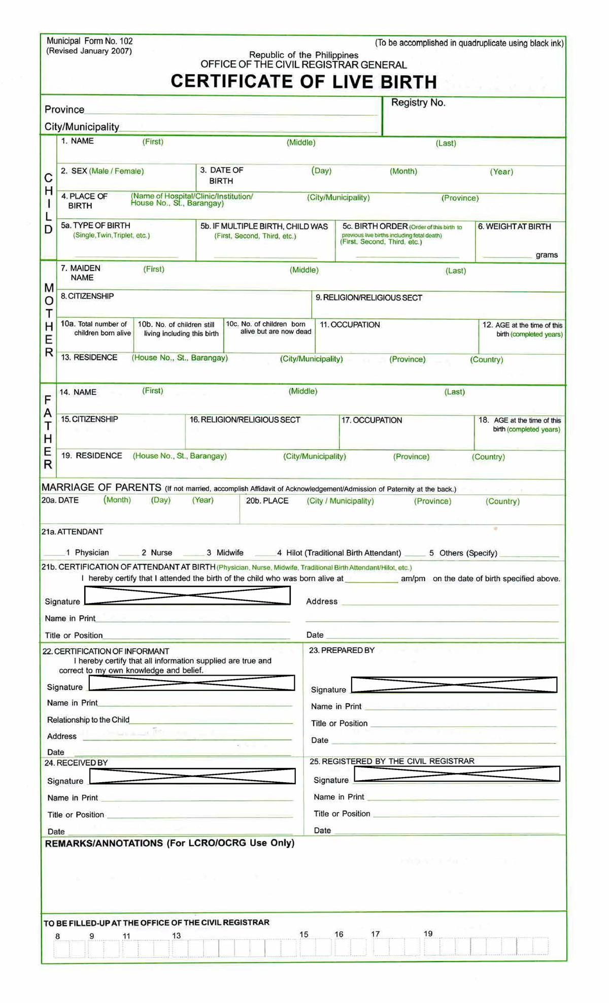 Municipal Form No. 102: Certificate of Live Birth (Philippines) - Studocu