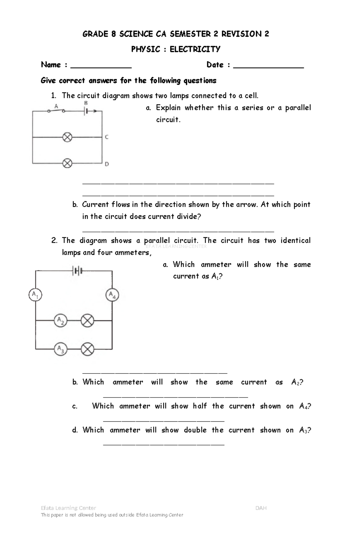 Grade 8 Science CA Sem 2 Revision: Physics - Electricity Concepts - Studocu
