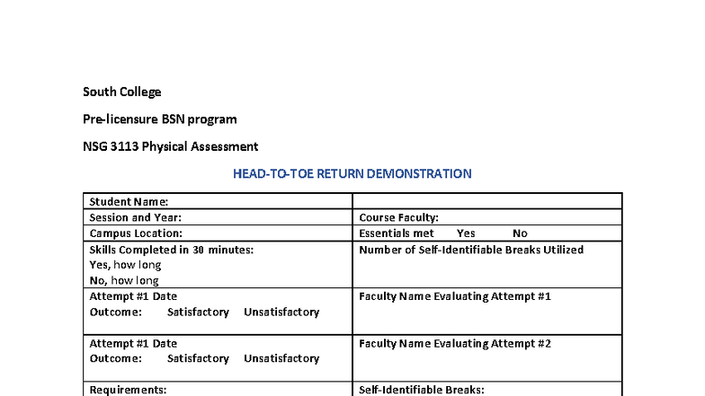 NSG 3113 Physical Assessment Return Demonstration Checklist - Fall 2025 ...