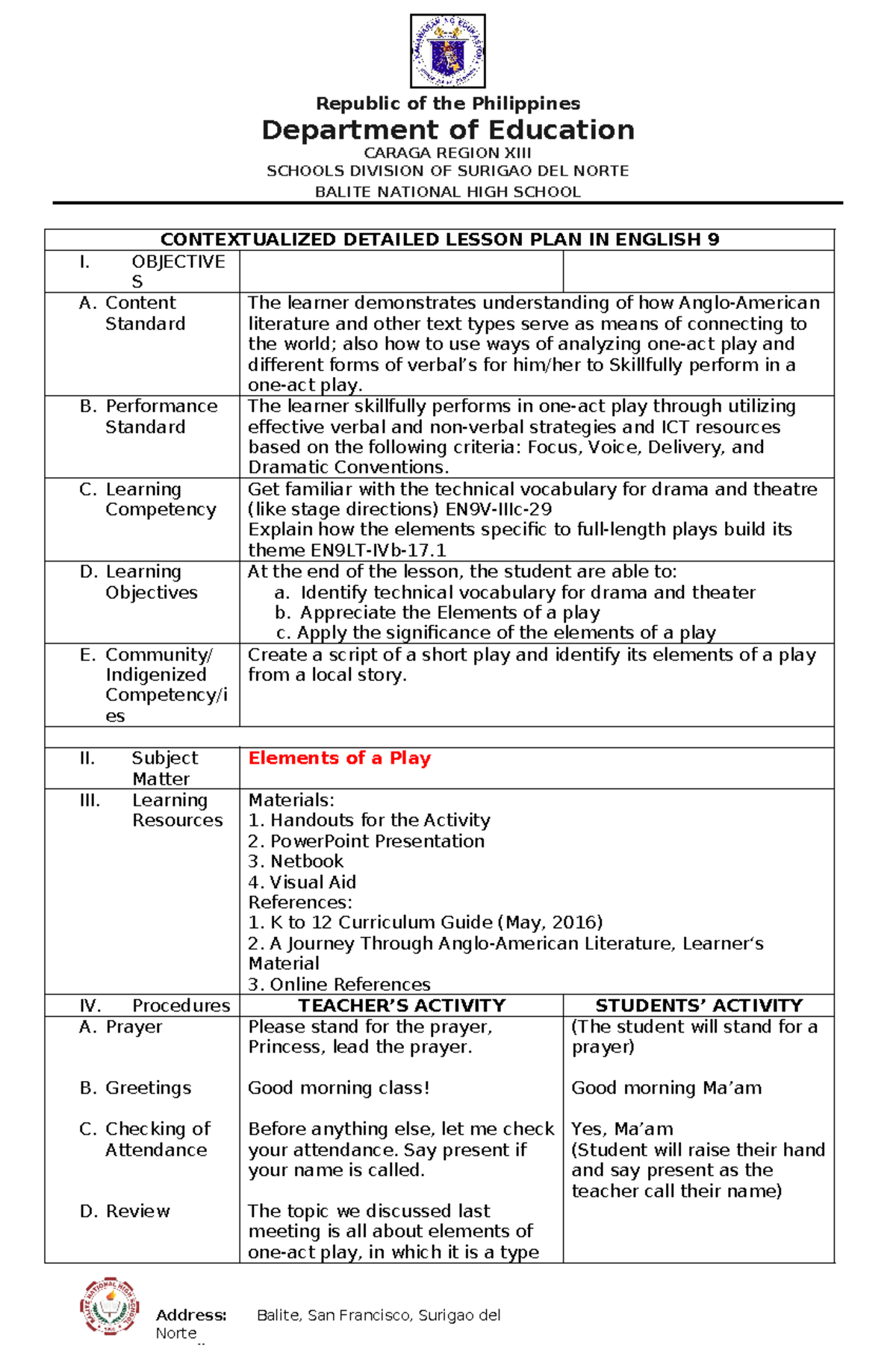 Detailed Lesson Plan on Elements of Play for EN9 Class - Studocu