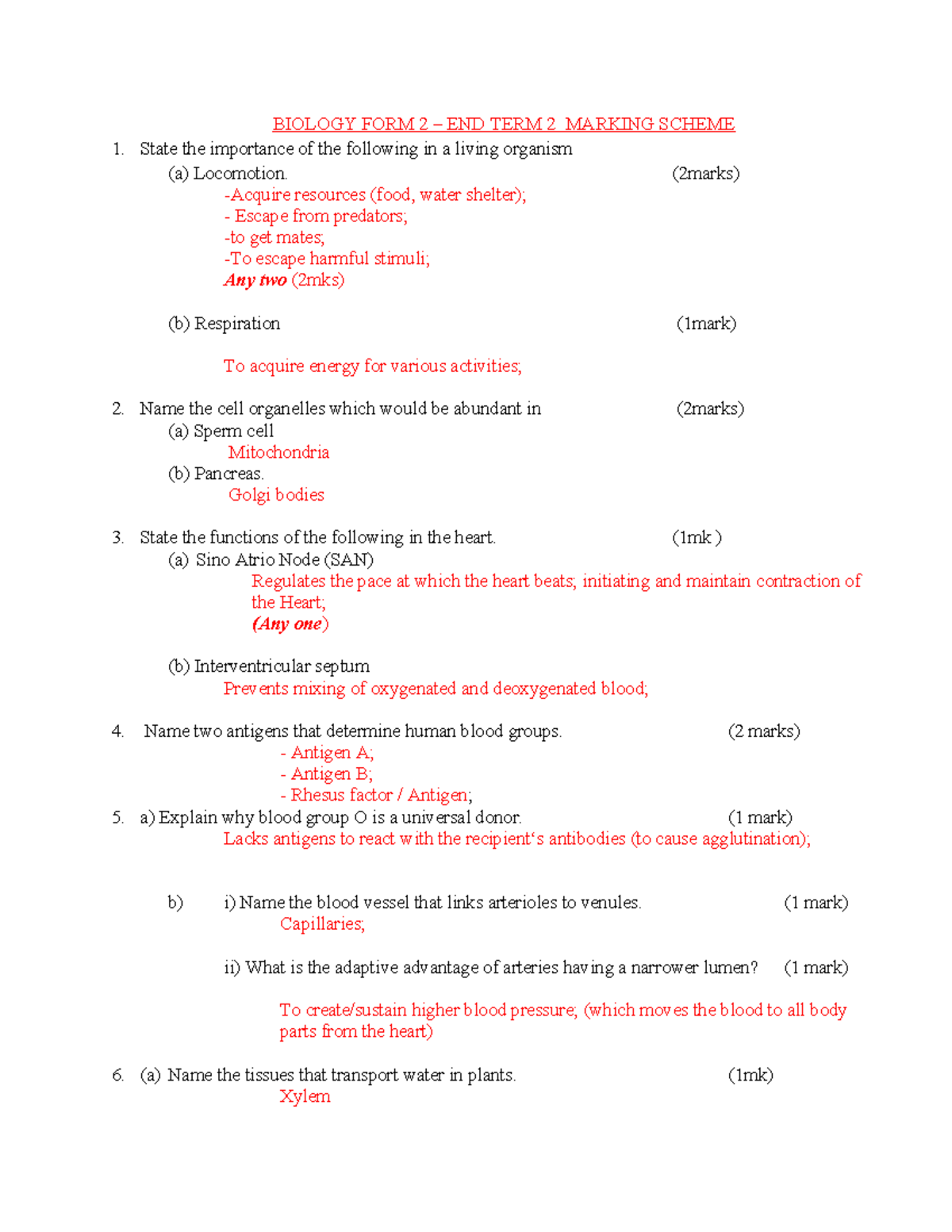 BIOLOGY FORM 2 END TERM 2 MARKING SCHEME - Studocu