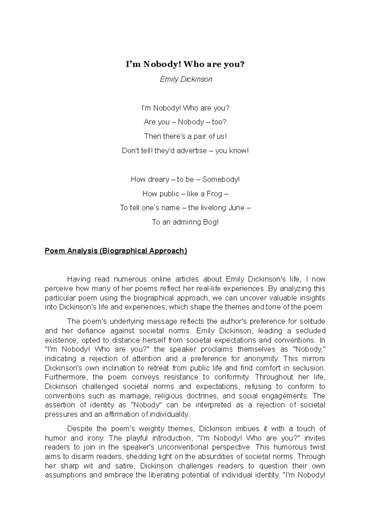 Poem Analysis of Ozymandias - I’m Nobody! Who are you? Emily Dickinson ...