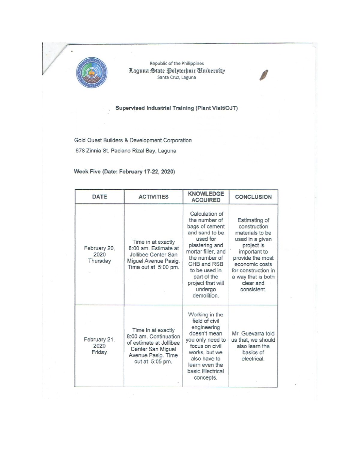 OJT Narrative Report Format Sample for Supervised Industrial Training ...