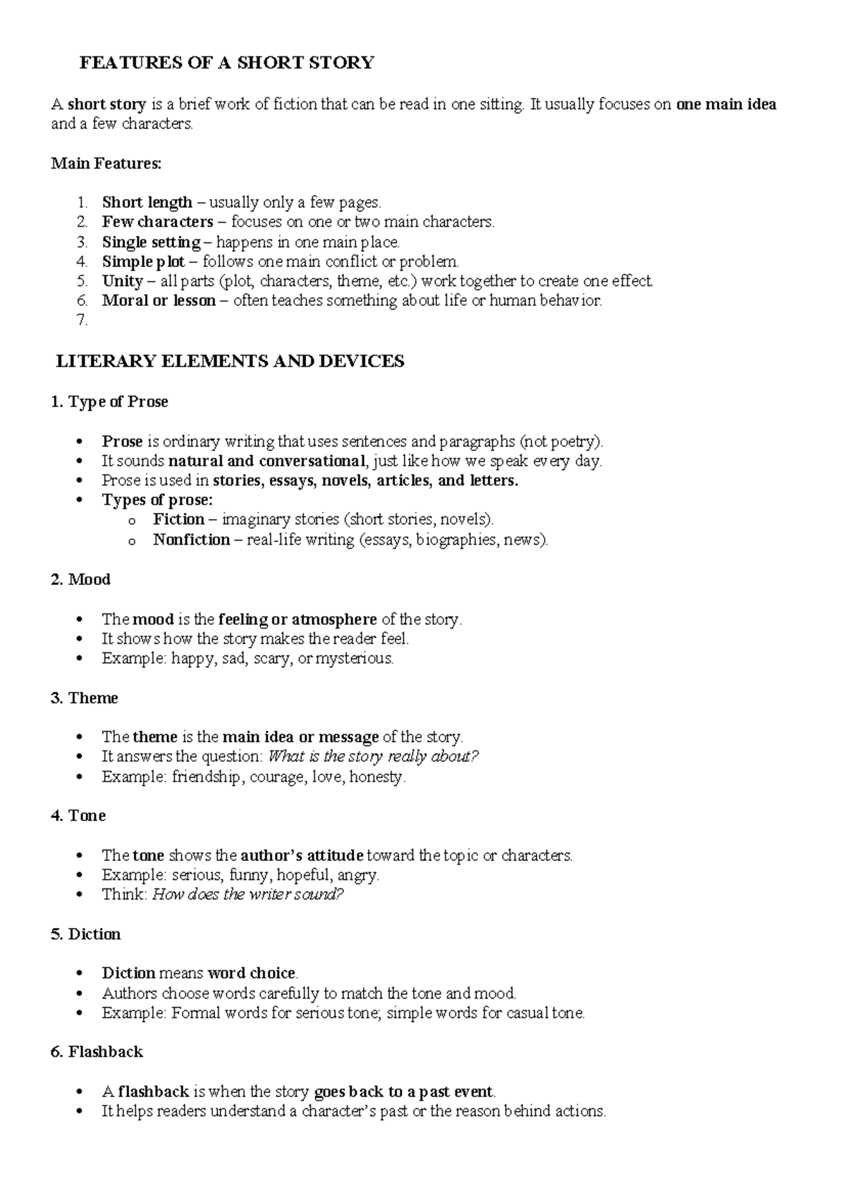 Q2-Reviewer: Key Features of Short Stories and Literary Devices - Studocu